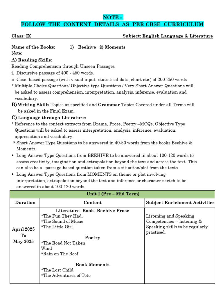 Class 9 English Syllabus 2025-26 | PDF | Reading Comprehension ...