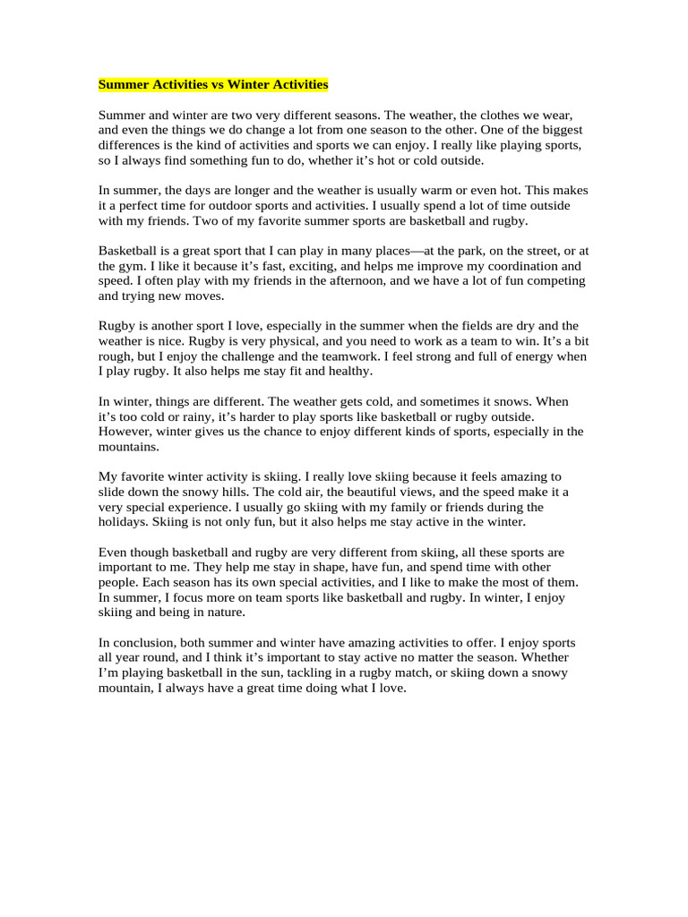 Summer vs Winter Sports Activities | PDF | Sports