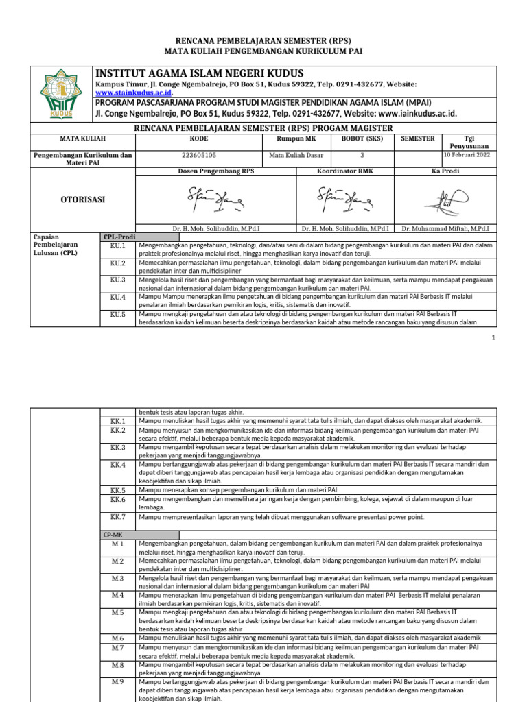 RPS Pengembangn Kurkl & Materi PAI-S2 | PDF