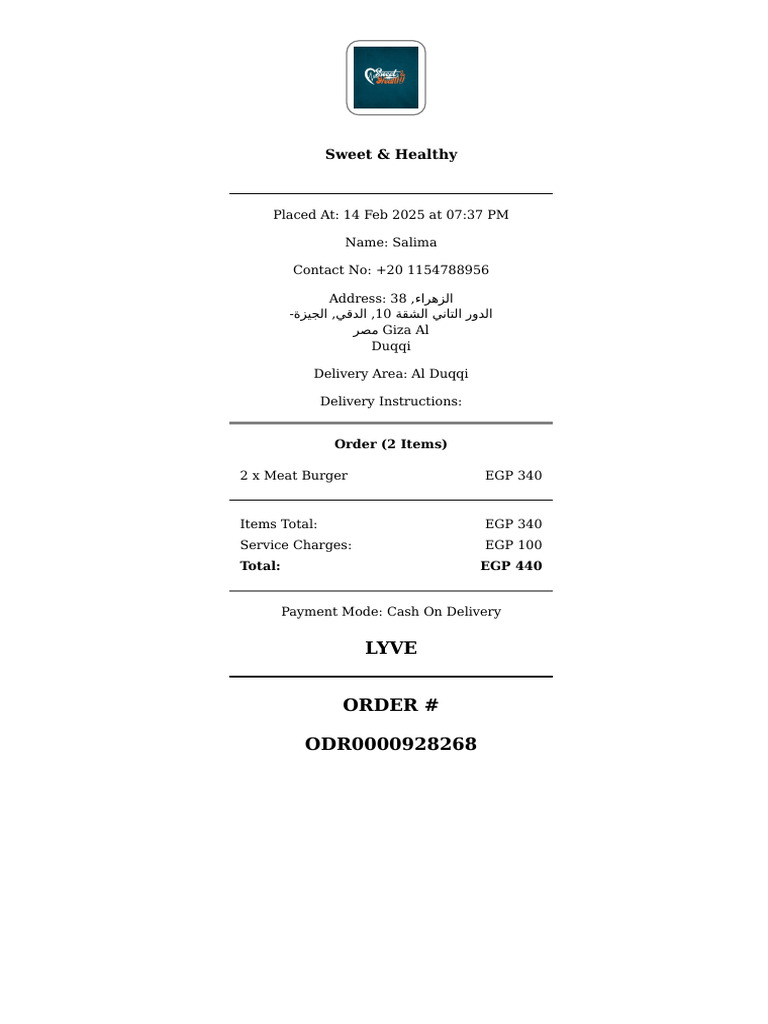 Sweet & Healthy: Lyve Order # ODR0000928268 | PDF