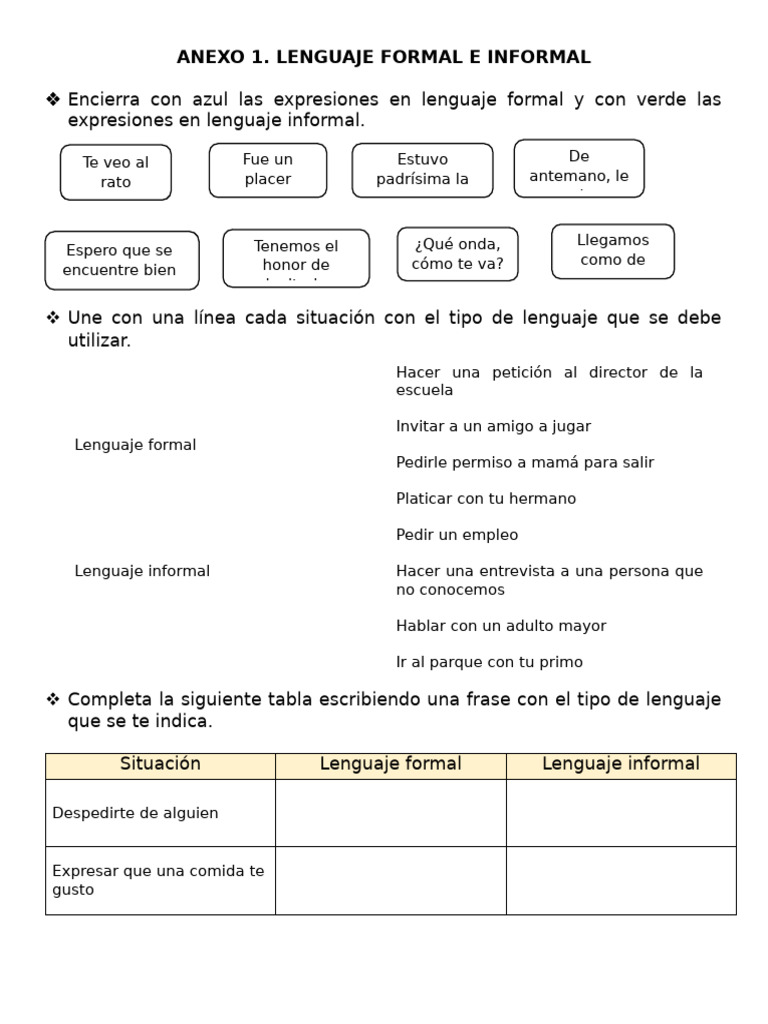 Anexo 1. Lenguaje Formal e Informal | PDF