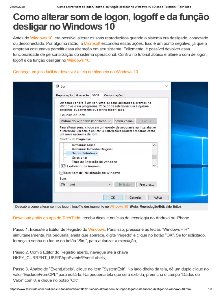 Ativar Som de Logon, Logoff e Desligar | PDF | Windows 10 | Registro do Windows