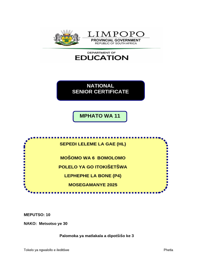 Grade 11 Task No 6 Bomolomo Polelo Ya Go Itokisetswa 2025 | PDF