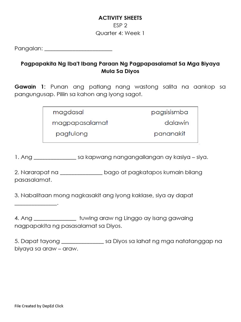 ESP 2 Activity Sheet Q4 W1 | PDF