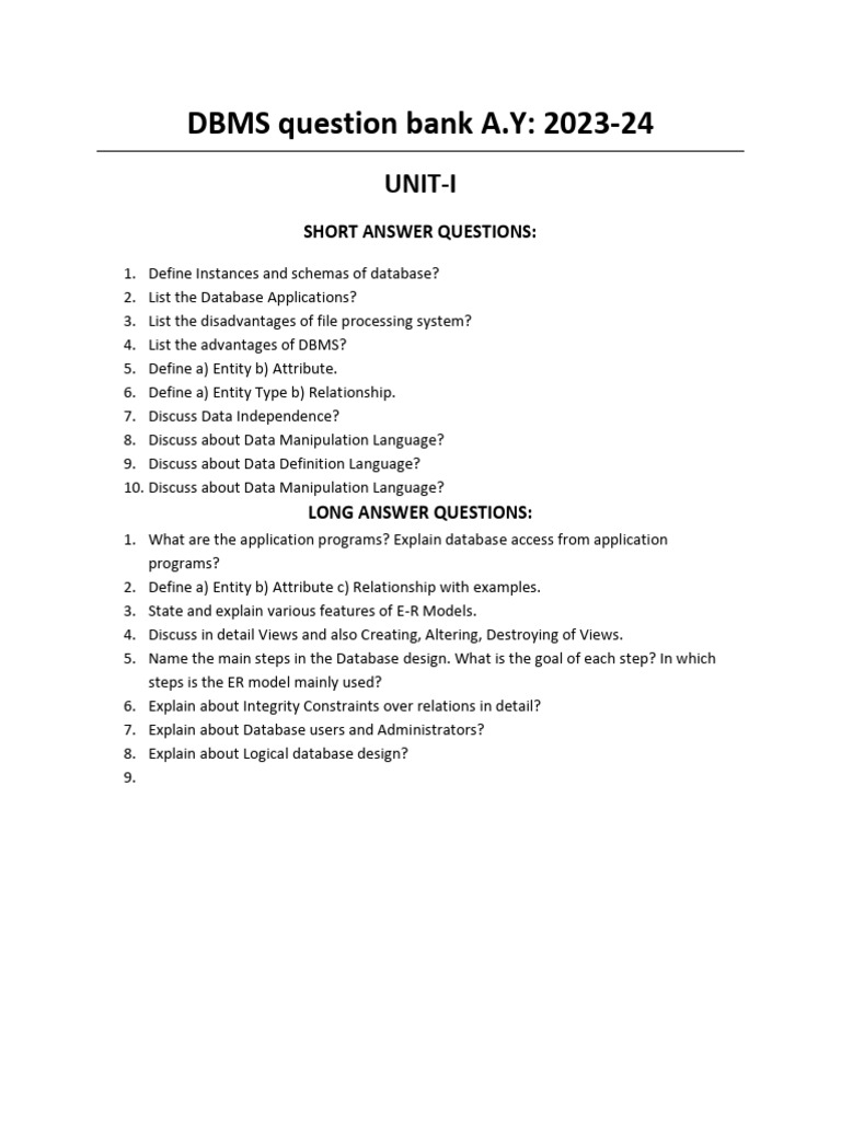 DBMS Question Bank 2023-24 | PDF | Relational Model | Databases