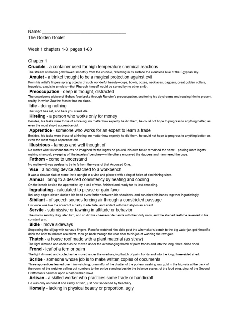 Worksheet The Golden Goblet Week 1 | PDF