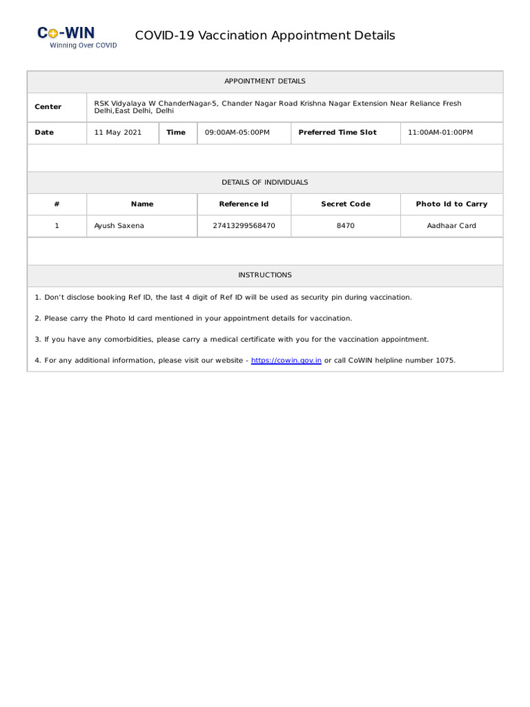 Vaccine Appointment | PDF
