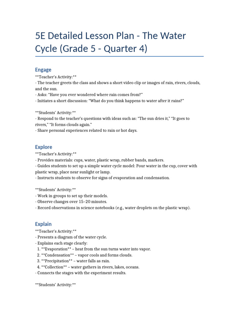 5E Lesson Plan: Water Cycle for Grade 5 | PDF