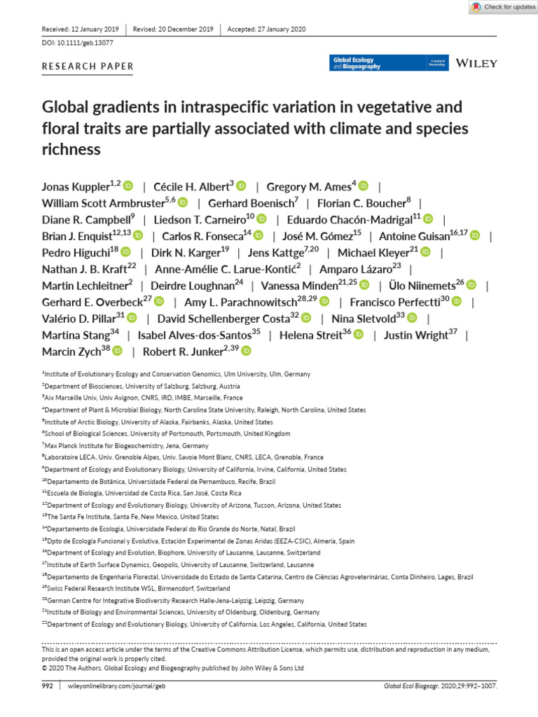 Global Ecology and Biogeography - 2020 - Kuppler - Global gradients in intraspecific variation ...