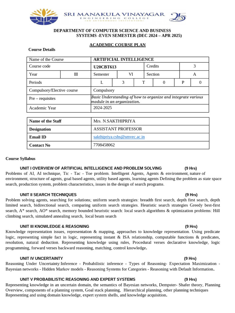 AI Course Syllabus for Even Semester | PDF | Artificial Intelligence ...