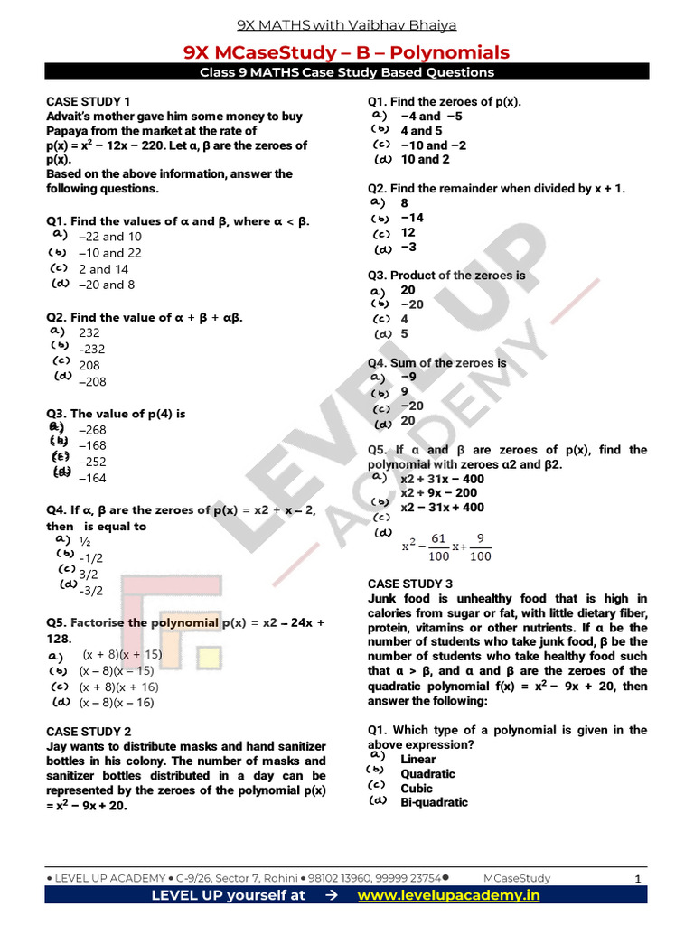 Polynomials Case Study for Class 9-10 | PDF | Polynomial | Algebra