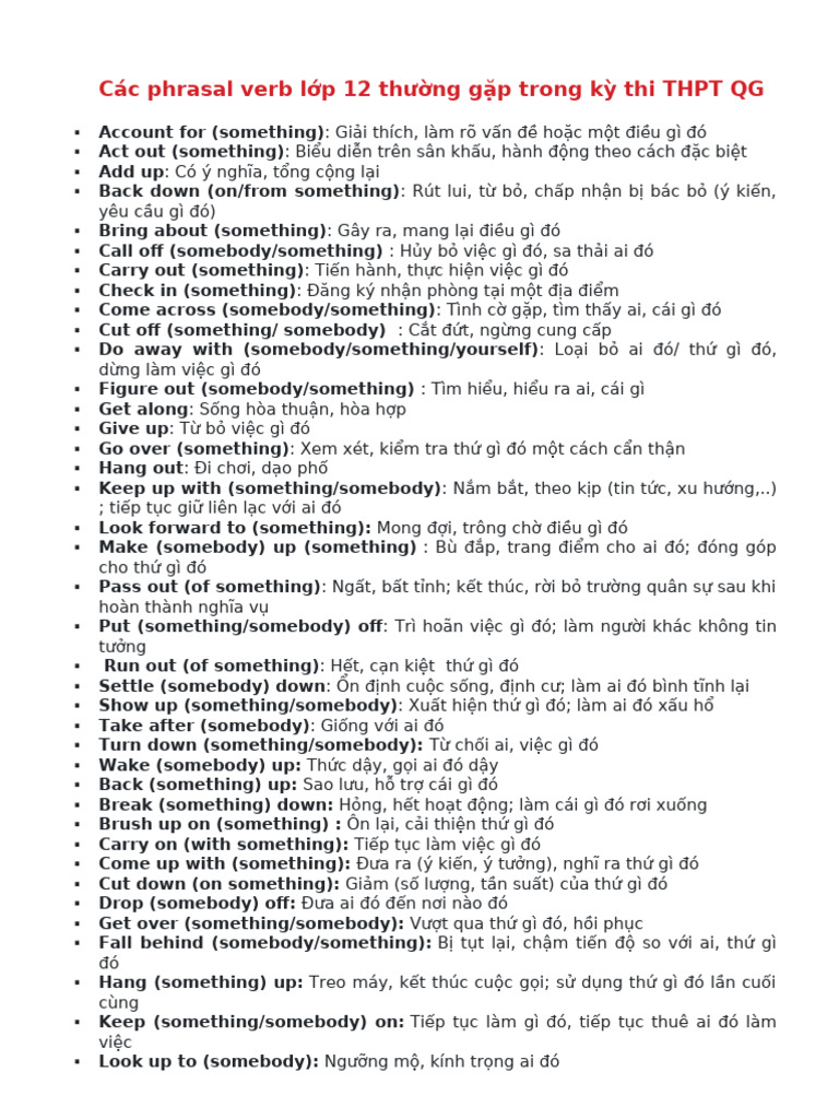 Các phrasal verb lớp 12 thường gặp trong kỳ thi THPT QG | PDF