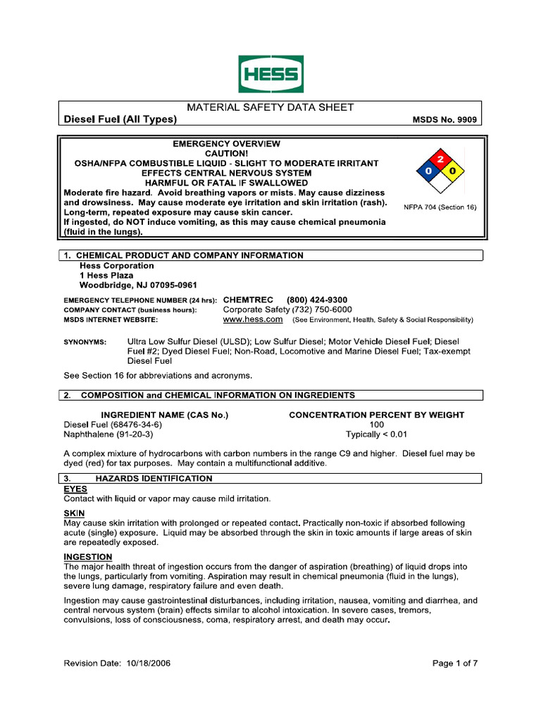 Diesel MSDS For Generator | PDF