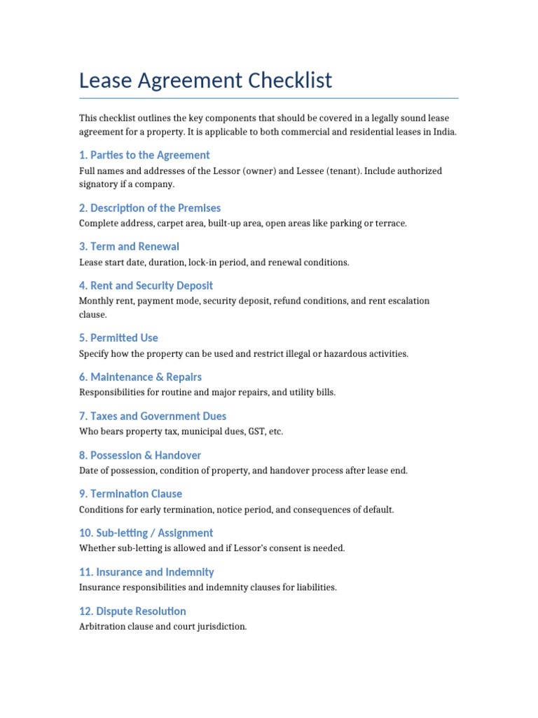 Essential Lease Agreement Checklist | PDF