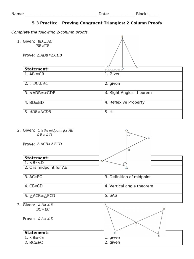Triangle Congruence: 2-Column Proofs | PDF