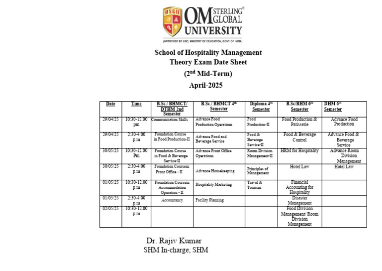 Mid Term Date Sheet Theory April May 2025 | PDF | Hospitality Industry