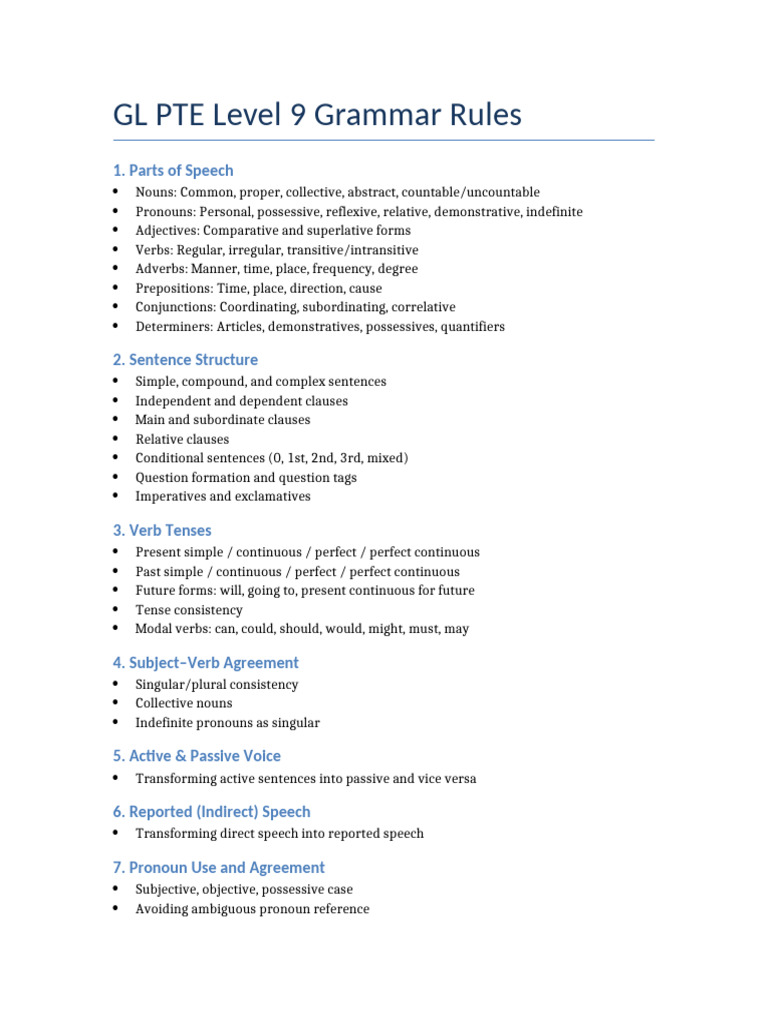 GL PTE Level 9 Grammar Rules | PDF