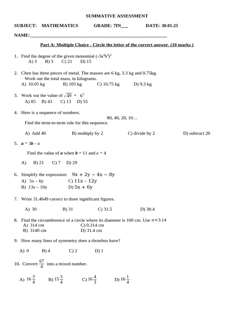 SUMMATIVE ASSESSMENT Grade 7 2025 | PDF | Euclidean Geometry ...