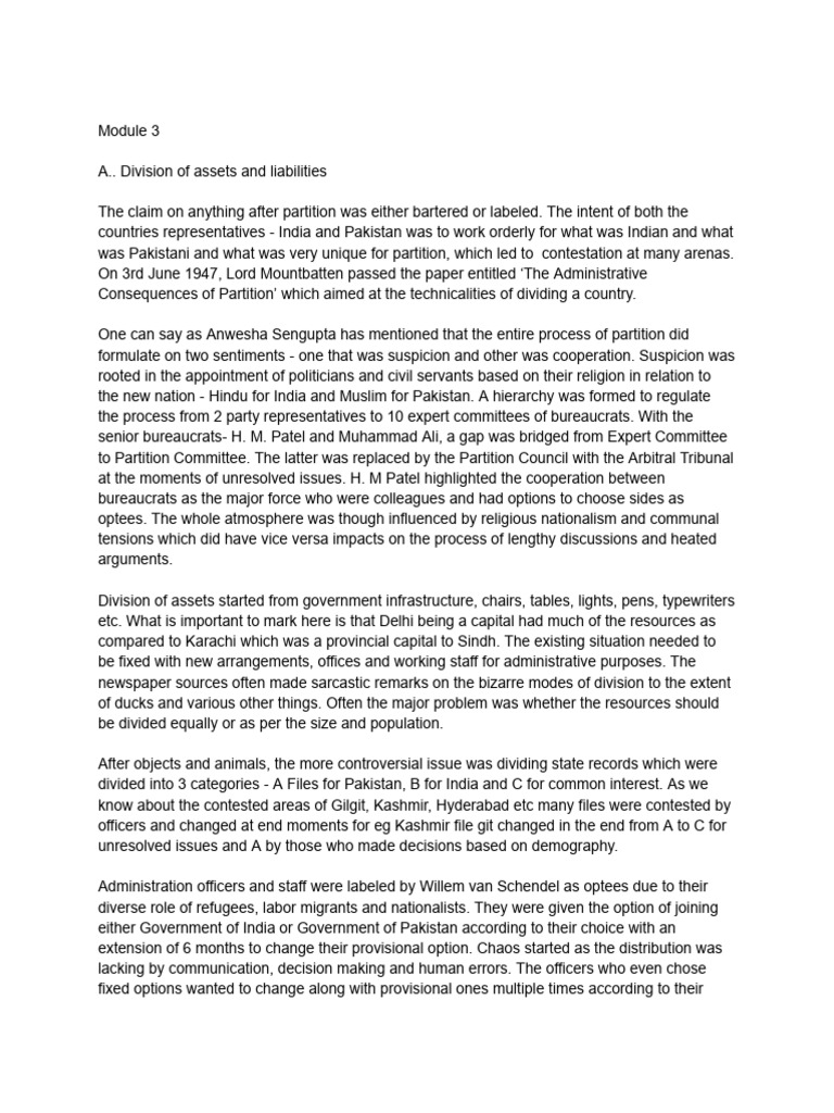 Partition Answer 1 Module 3 | PDF | Partition Of India | Pakistan