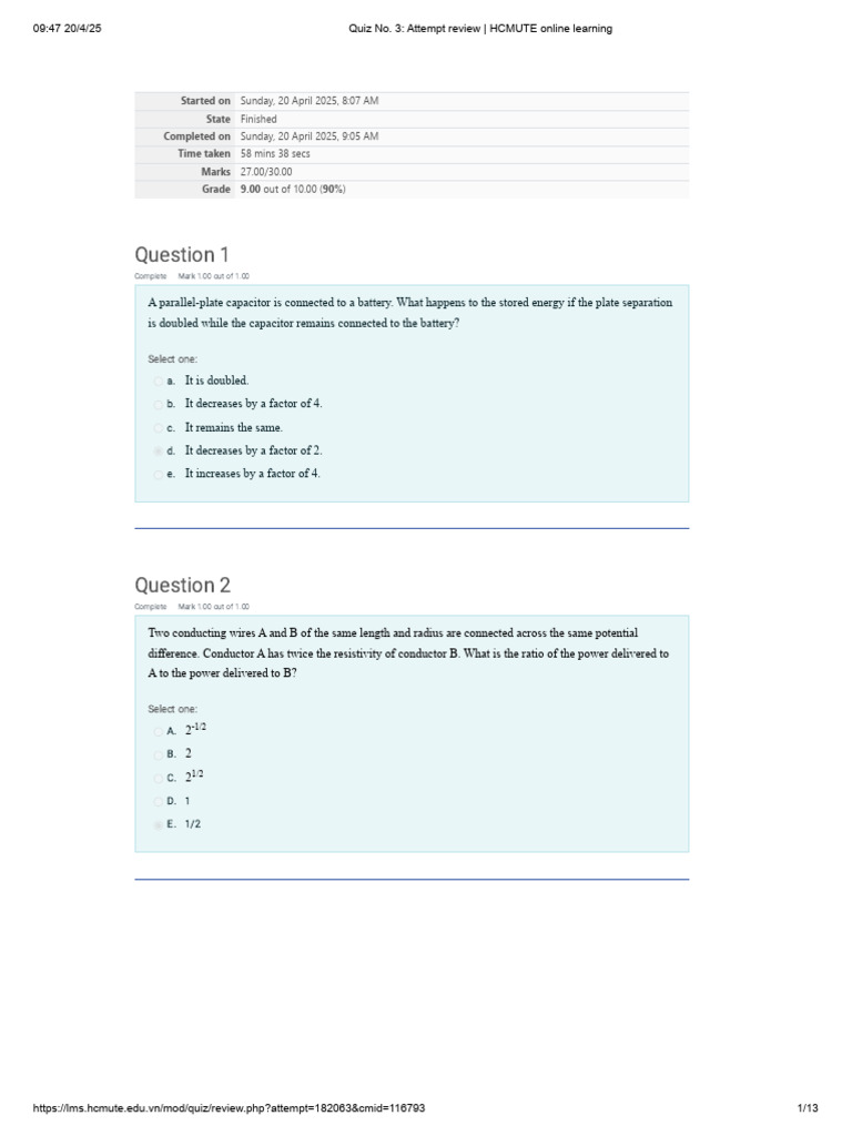 Quiz No. 3 - lần 1 | PDF | Capacitor | Capacitance