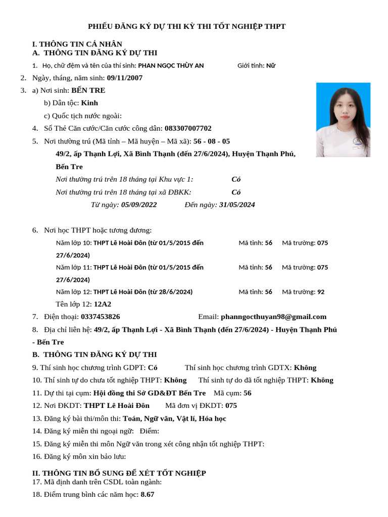 DanhsachPhieuDangKy Lop 12A2 | PDF