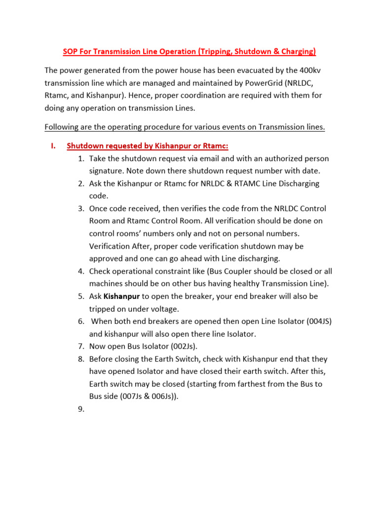 SOP Line Shutdown, Tripping and Charging | PDF