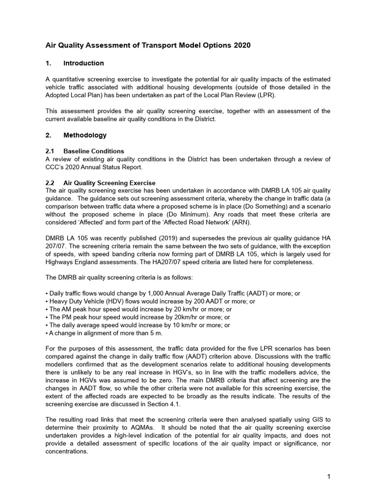 Air Quality Assessment of Transport Model Options (2020) | PDF | Air ...