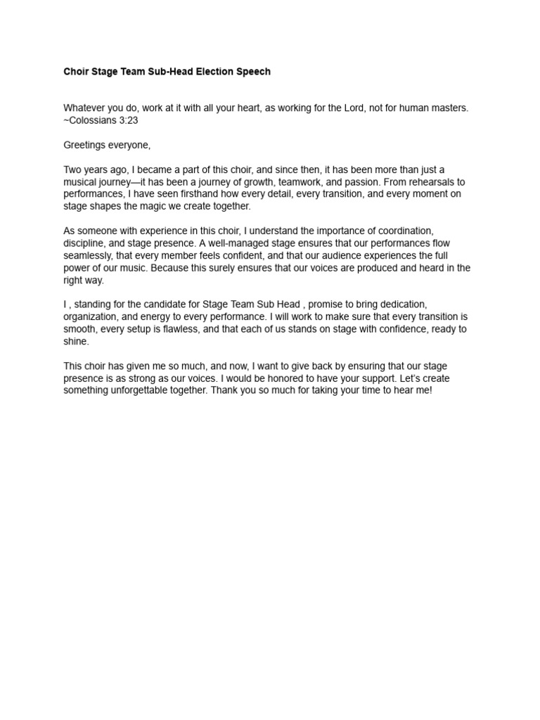 Choir Stage Team Sub-Head Election Speech | PDF