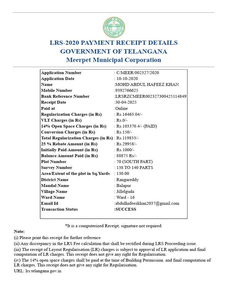 Lrs-2020 Payment Receipt Details Government of Telangana Meerpet Municipal Corporation | PDF