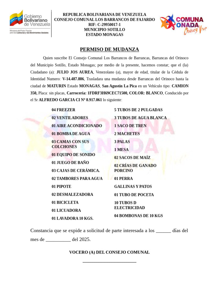 Permiso de Mudanza Consejo Comunal | PDF