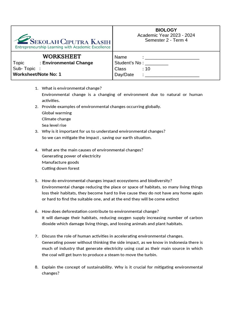 Environmental Changes Worksheet | PDF | Natural Environment | Climate ...