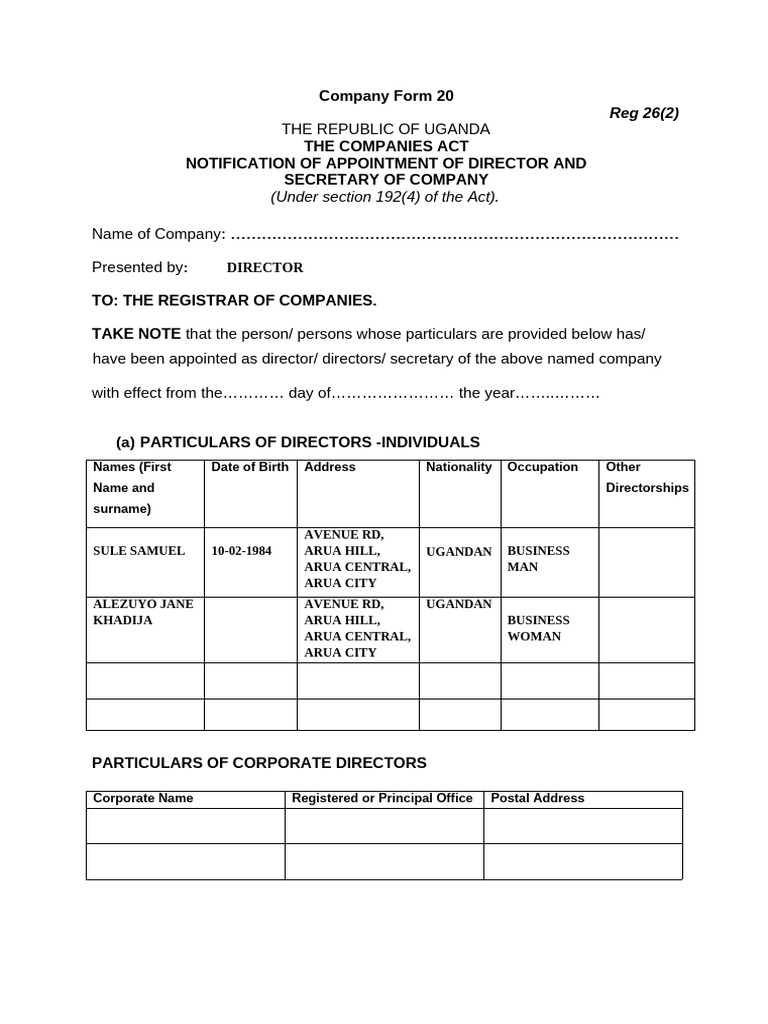 Company Form 20: Director Appointment | PDF