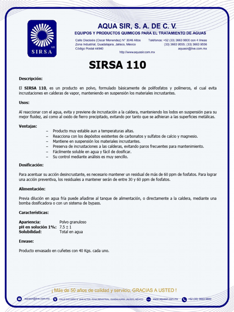 SIRSA 110: Antiincrustante para Calderas | PDF
