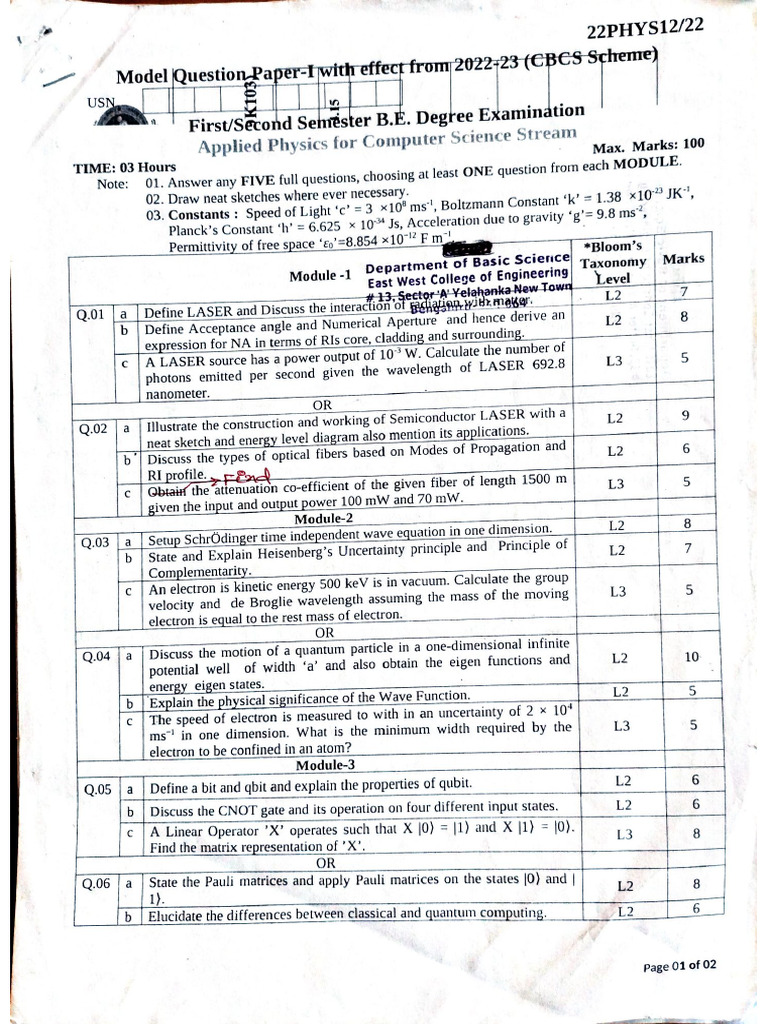 Bphys102. - Cse - Qp. Jan 2023 To Jan 2025 | PDF