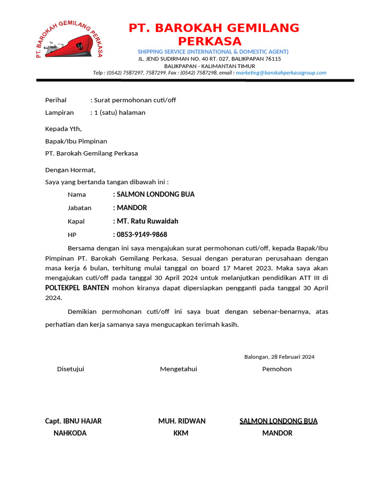 Surat Permohonan Cuti Mandor Salmon | PDF