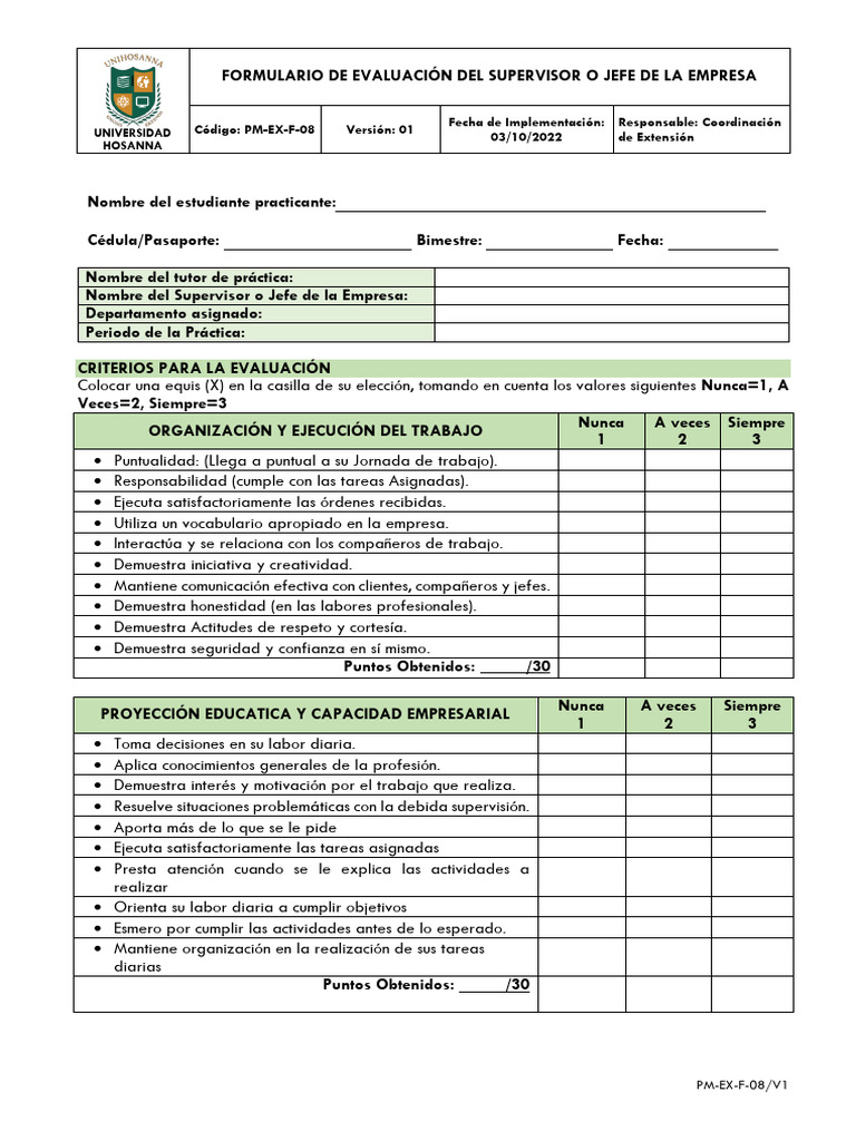 Formulario de Evaluación Del Supervisor o Jefe de La Empresa Pm-Ex-F-08 ...