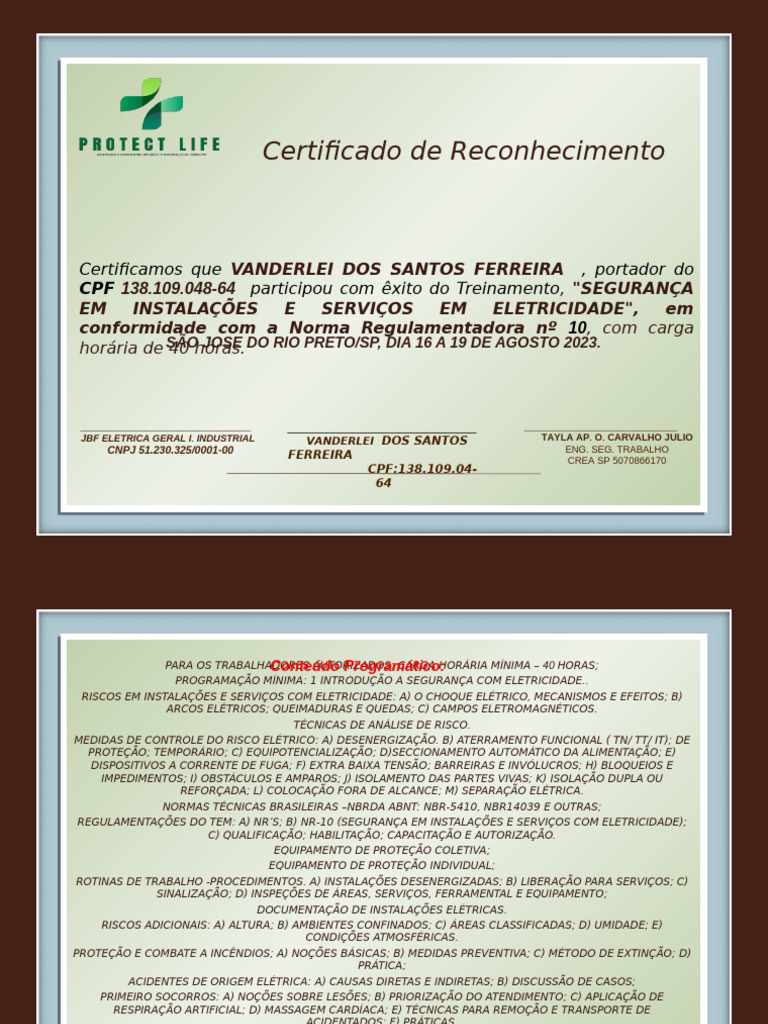 Certificado Nr10 - Vanderlei Dos Santos Ferreira | PDF | Eletricidade | Eletromagnetismo