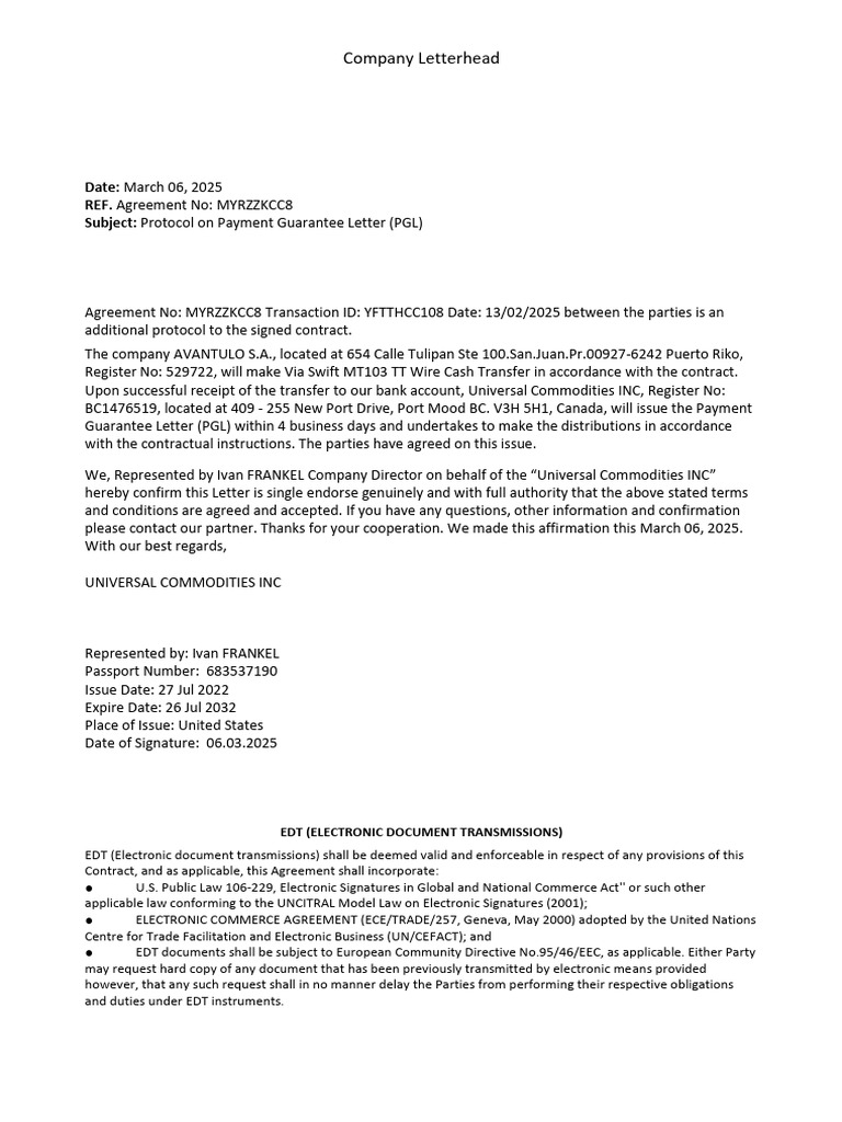 Payment Guarantee Letter Protocol | PDF | Treaty