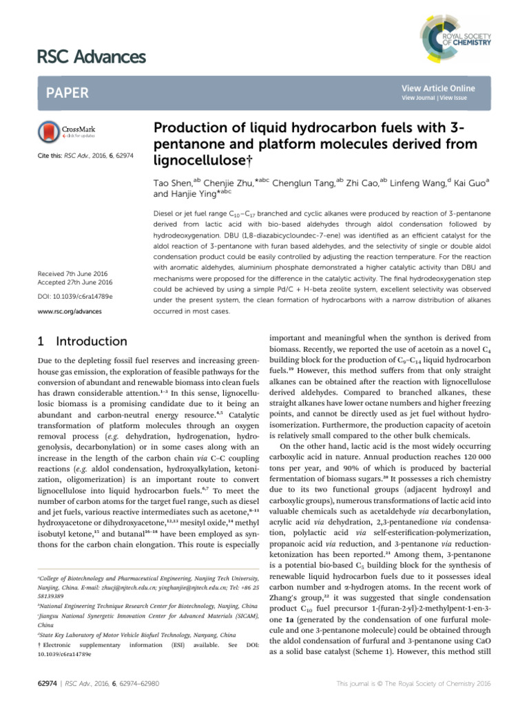 Production of Liquid Hydrocarbon Fuels With 3-Pentanone | PDF | Ketone ...