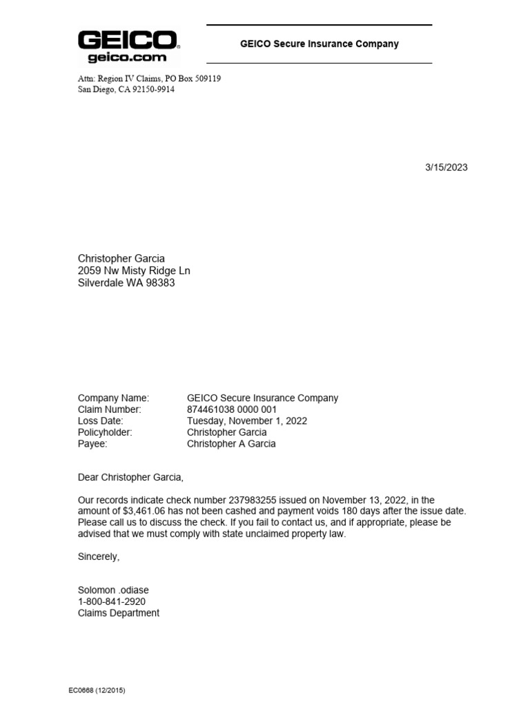 Uncashed Check Notice from GEICO | PDF