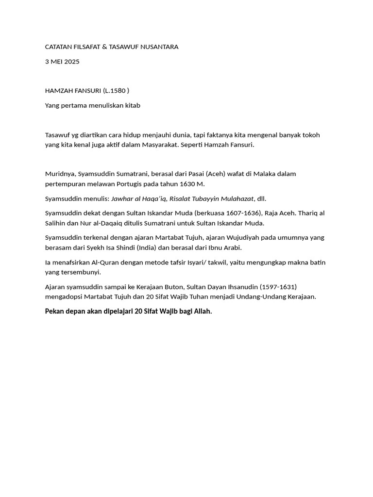 Catatan Filsafat & Tasawuf Nusantara - 3 Mei 2025 | PDF