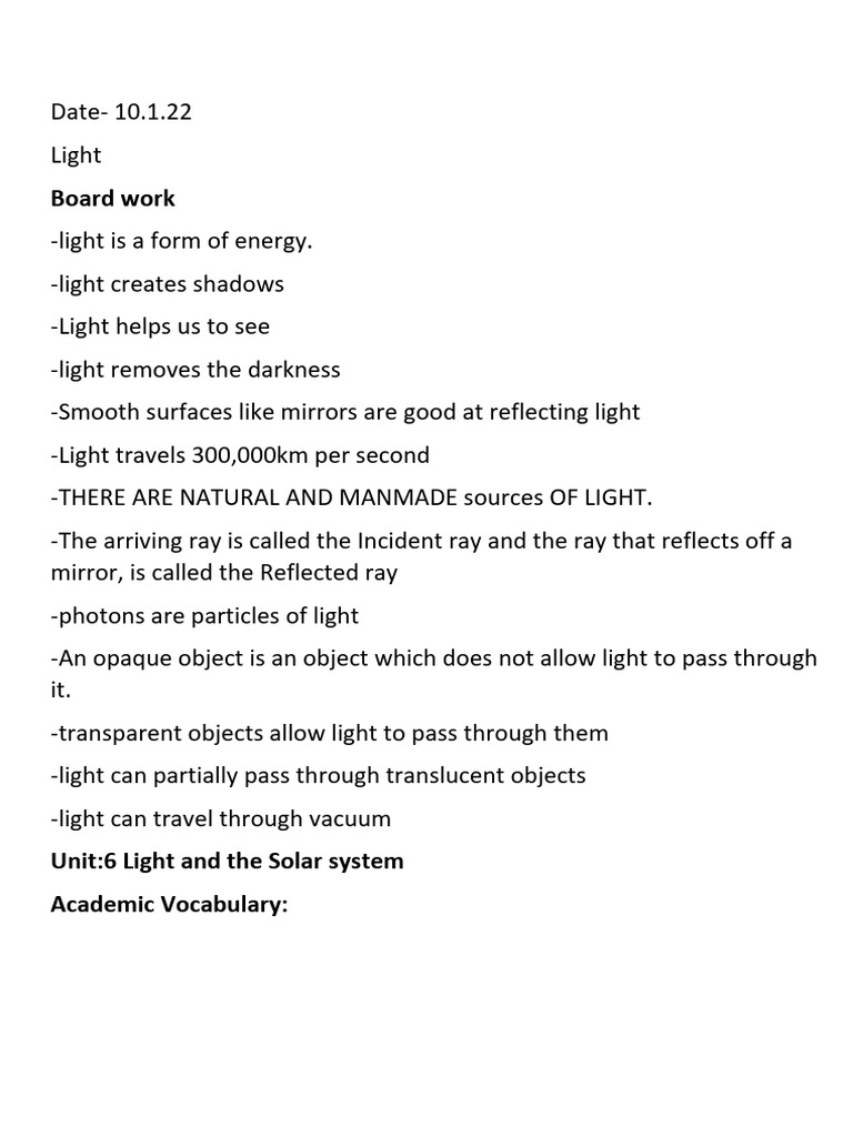 Unit 6 Light and The Solar System Notebook Work 1-1 | PDF | Reflection ...