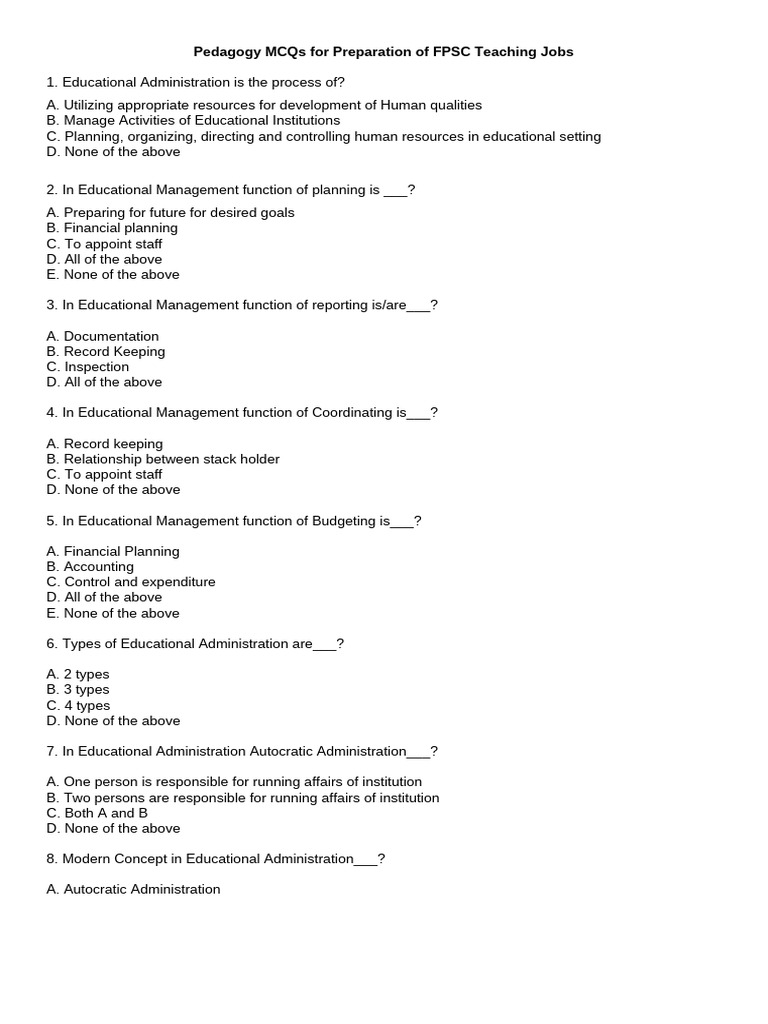 Pedagogy MCQs For Preparation of FPSC Teaching Job | PDF
