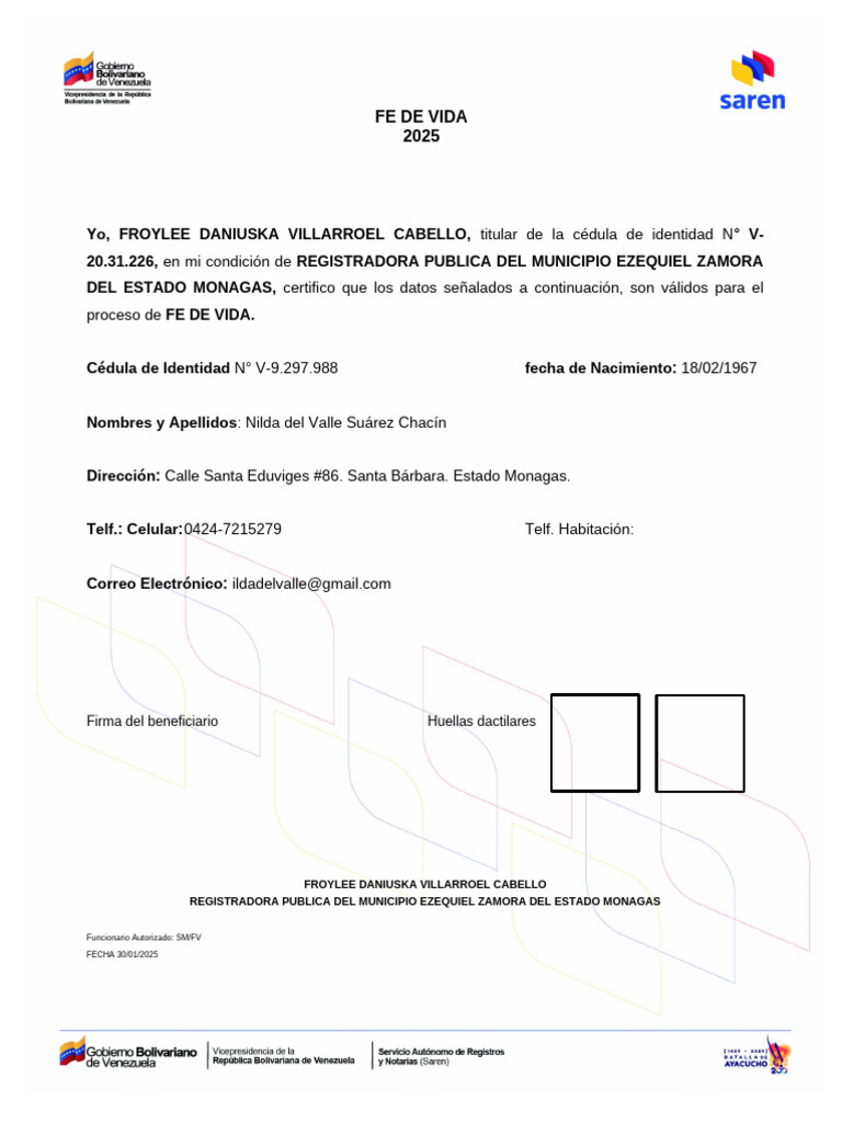 Certificación de Fe de Vida 2025 | PDF