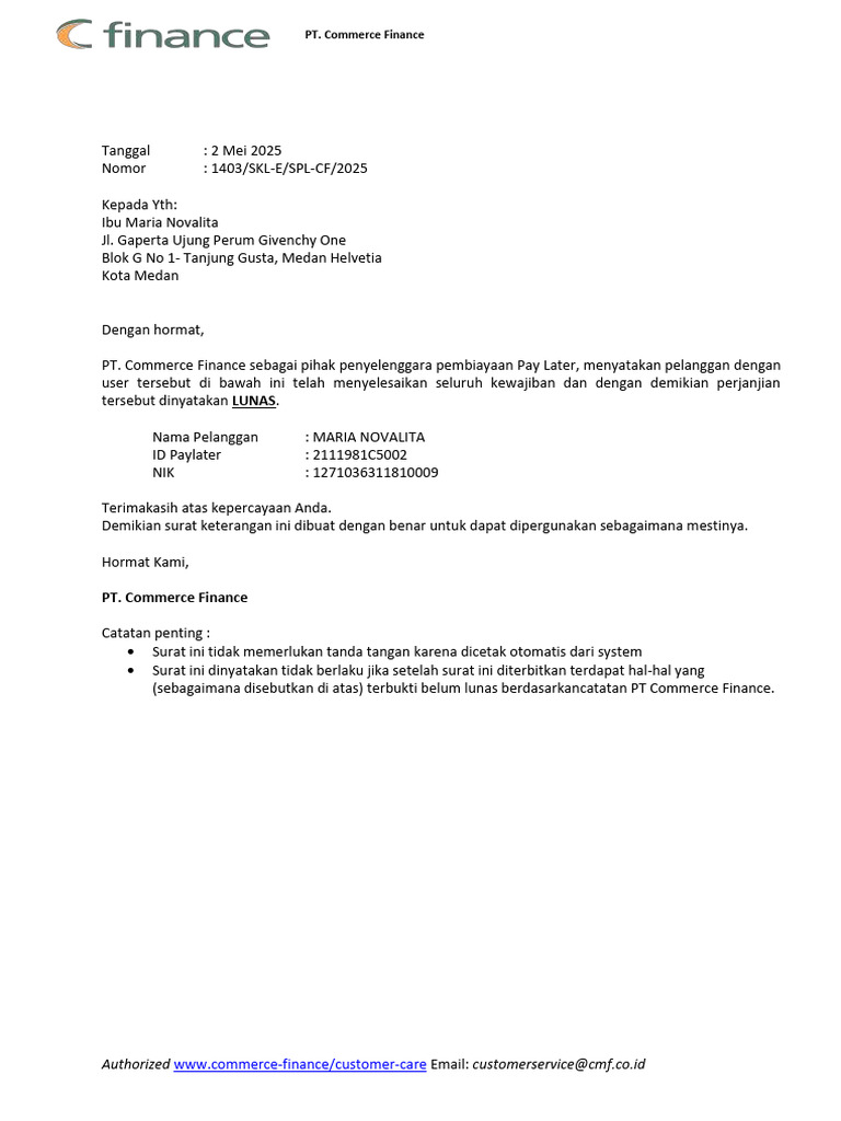 Surat Keterangan Lunas Commerce Finance | PDF