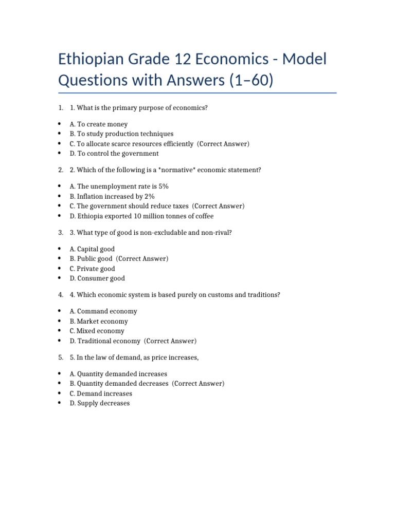 Grade 12 Economics Model Questions | PDF