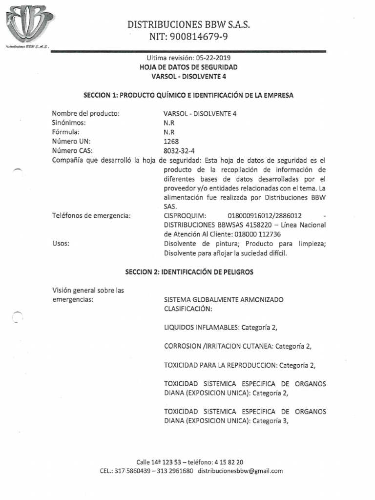 Hoja de Seguridad Varsol | PDF
