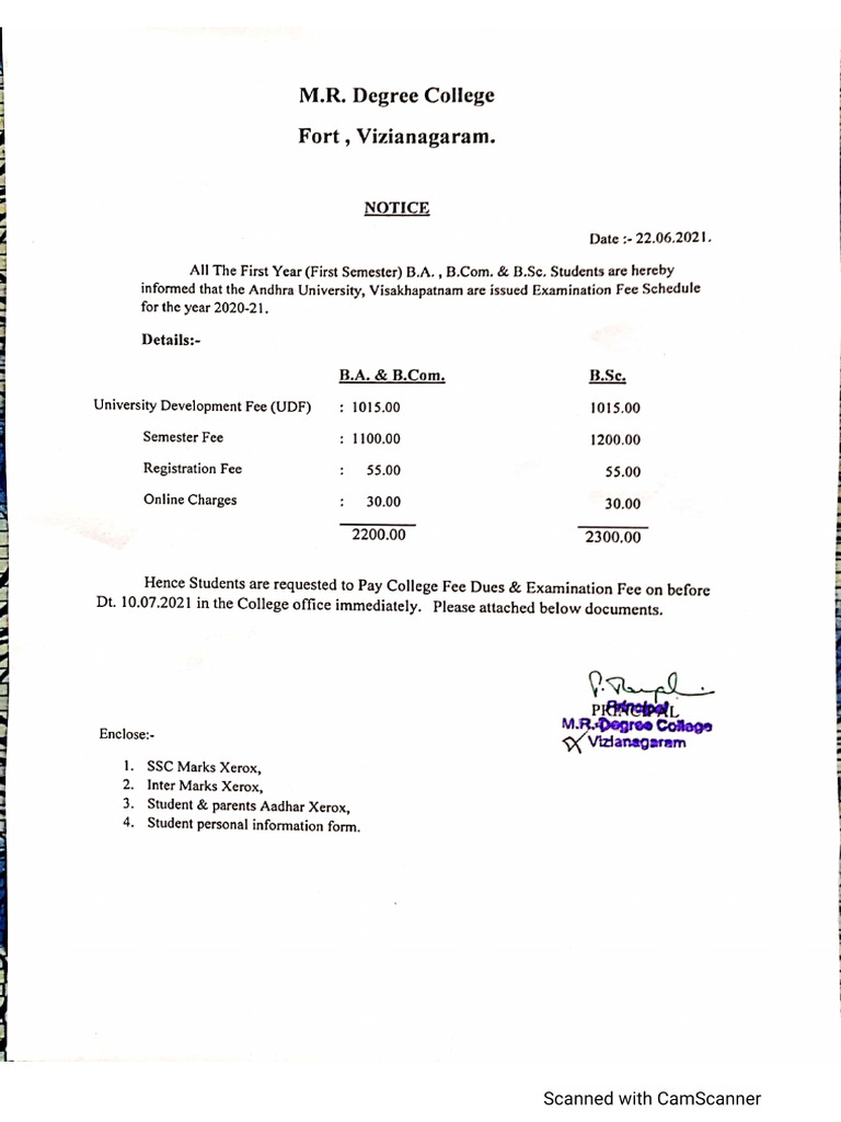 Exam Fees Notice For 1st Year | PDF