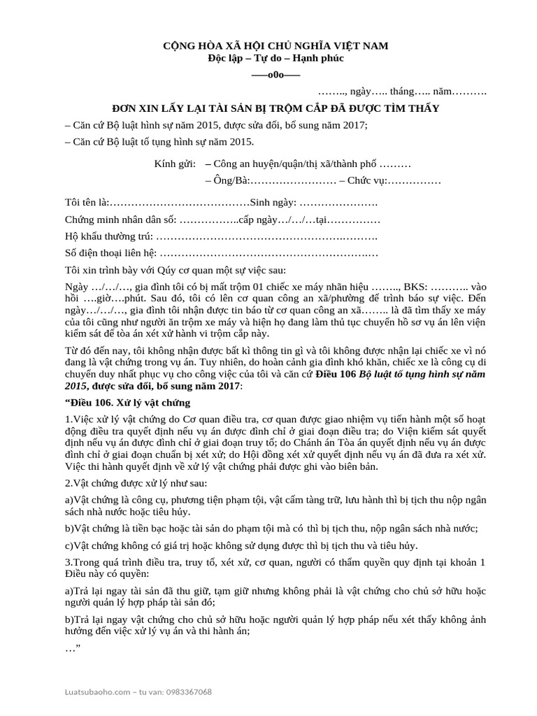 Mau Don Xin Lay Lai Tai San Bi Trom Cap Da Tim Thay | PDF