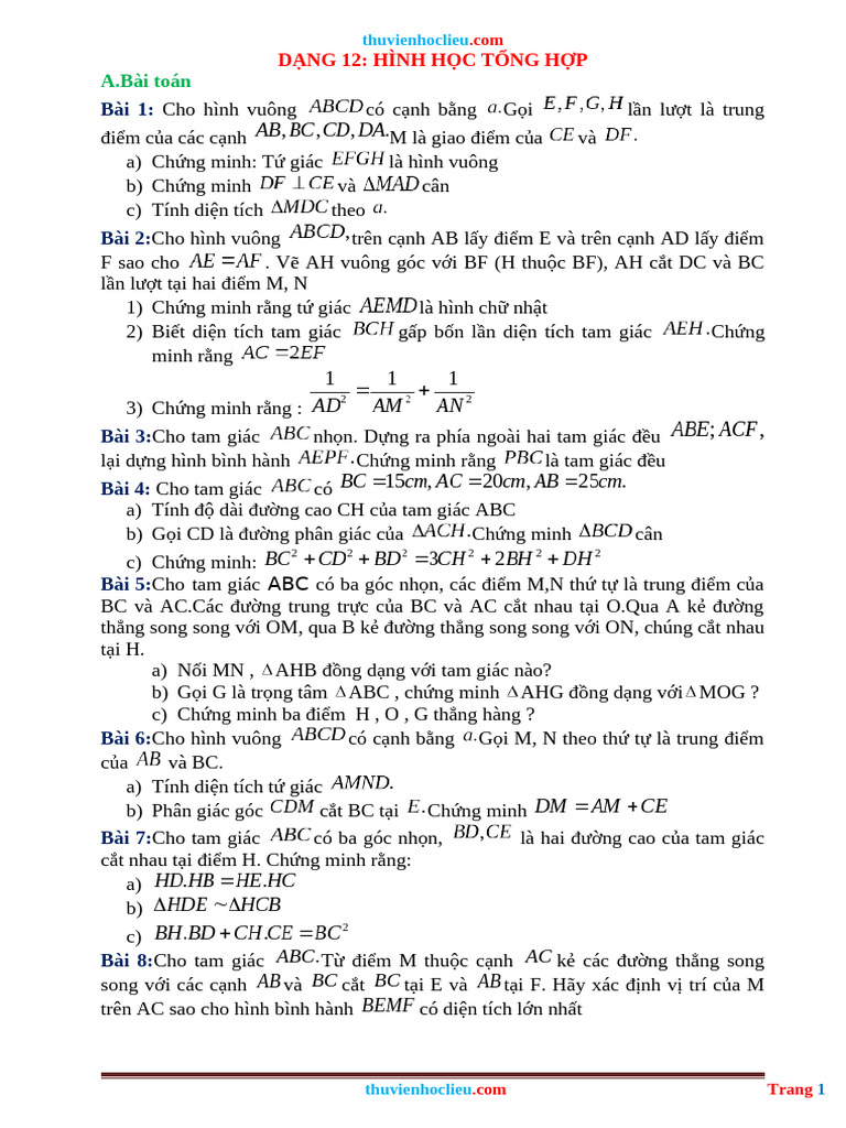 HSG Toan 8 Dang 12 HINH HOC TONG HOP | PDF